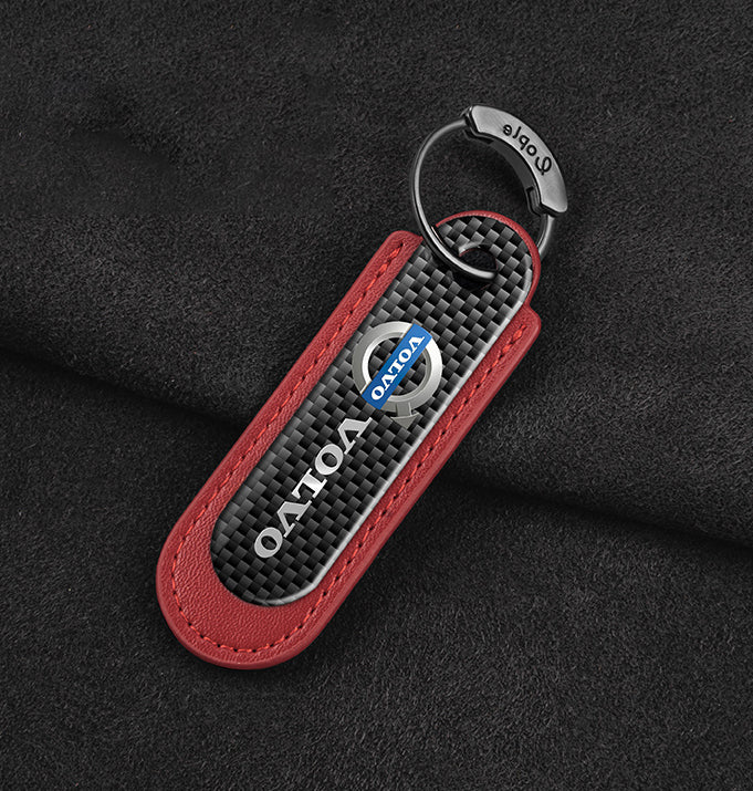 Volvo Real Carbon Fiber With Red Leather Keychain