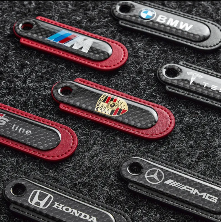 The Chevrolet Corvette C8 Carbon Fiber Red Leather Keychain